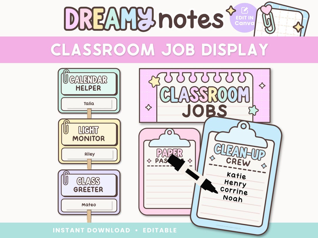 Editable Classroom Jobs Display | Dreamy Notes Pastel Theme | Student ...