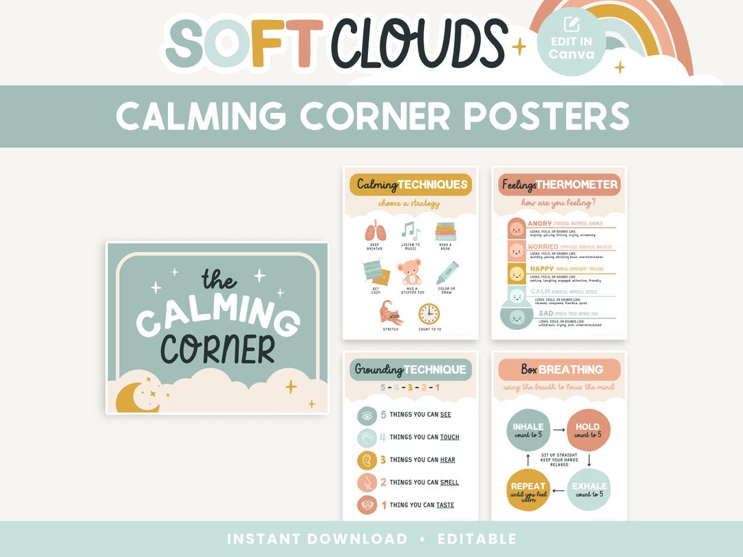 Calming Corner Editable Classroom Printables, Calm Down Skills, Cute ...