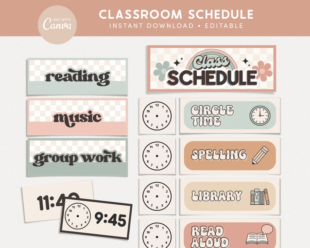 Classroom Schedule, Editable Groovy Canva Template, Retro Pastel ...