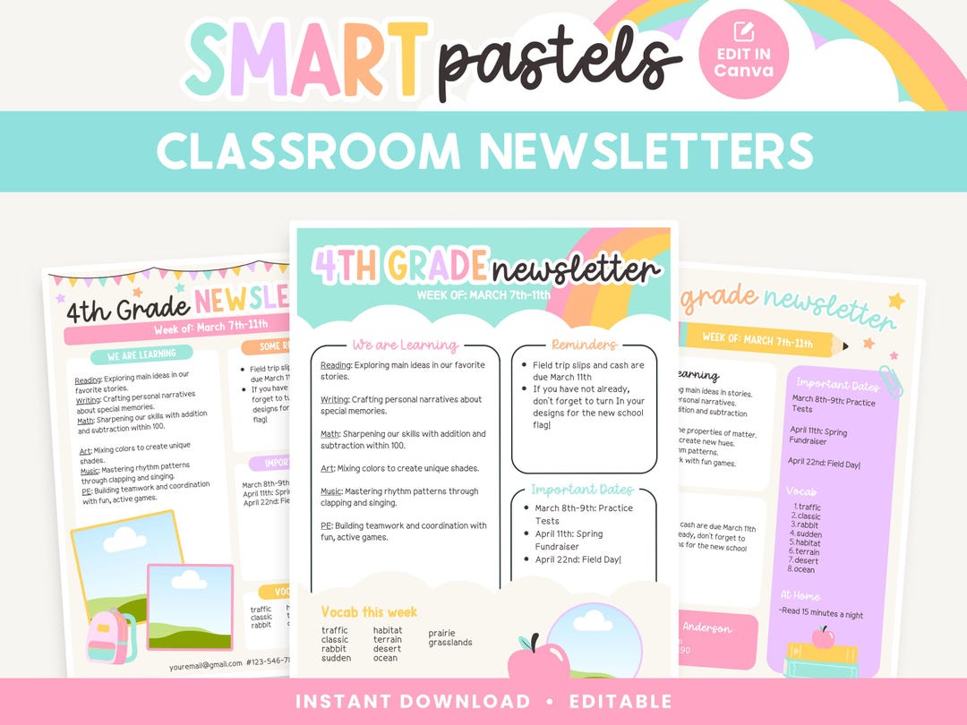 Classroom Newsletter Editable Templates, Back to School, Rainbow ...