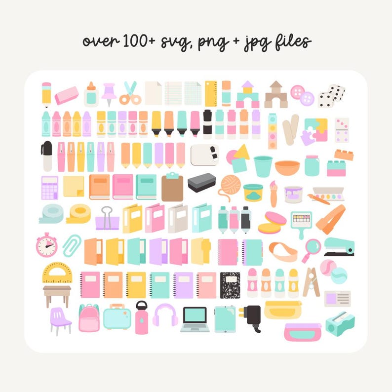 Pastel School Supplies Clip Art Svgs, Pngs, EPS, AI Files, Pencil ...