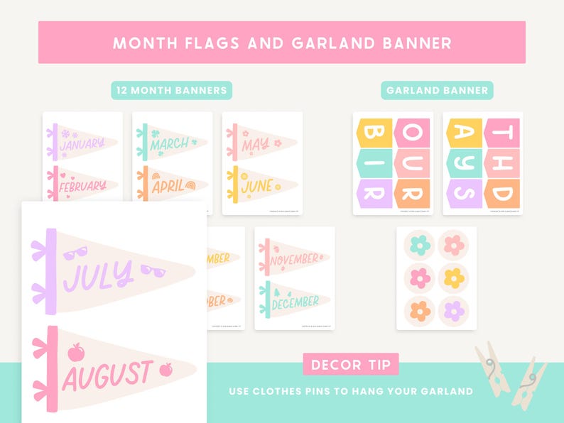 Classroom Birthday Printable Display, Editable in Canva, Bright Pastel ...