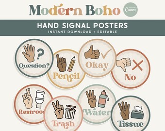 Classroom Hand Signals Poster Display Editable in Canva Boho Modern ...