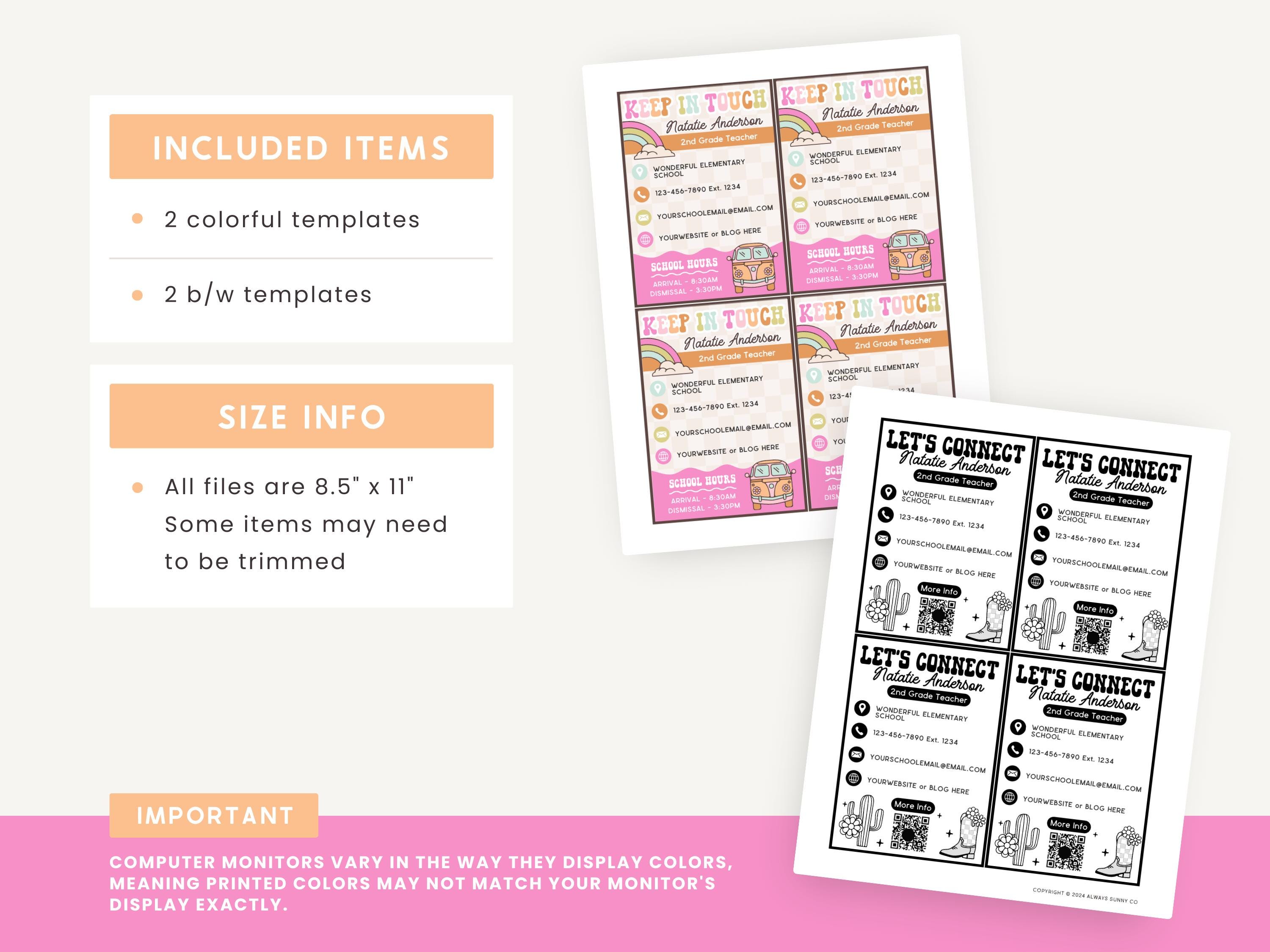 Teacher Contact Cards Classroom Printable Template, Teacher ...