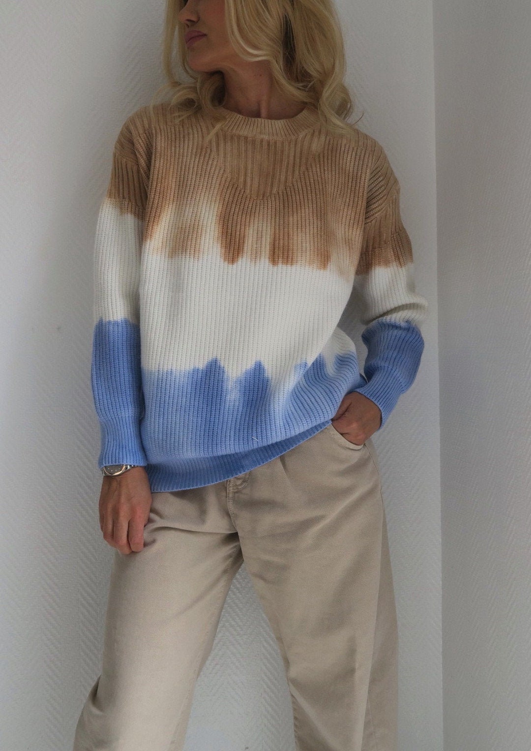 Batik Grobstrickpulli gebatikt, musterteil pullover farbverlauf batik pulli mehrfarbig beige ...