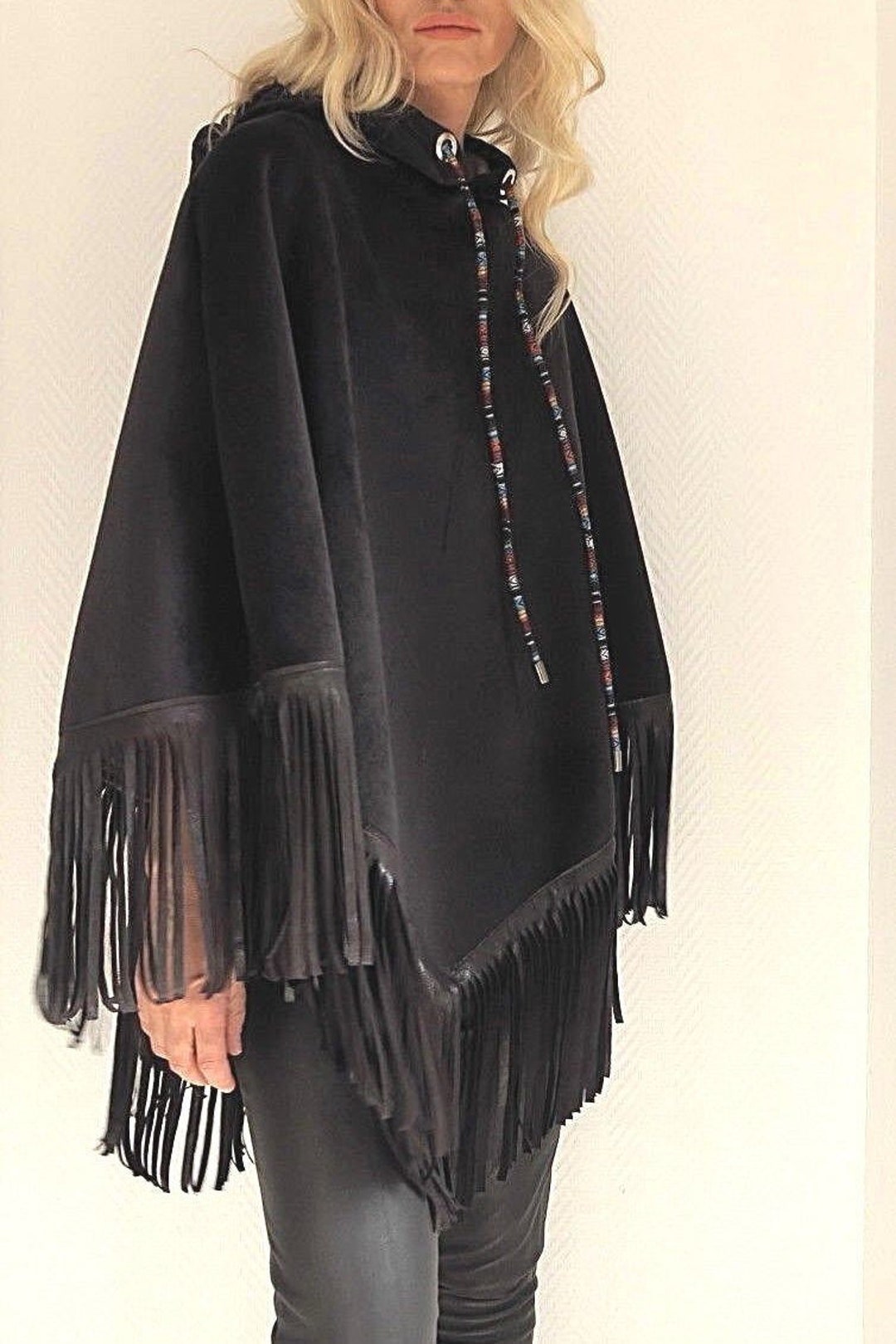 Dark Blue Velvet Poncho With Artificial Leather Loose Threads - Etsy