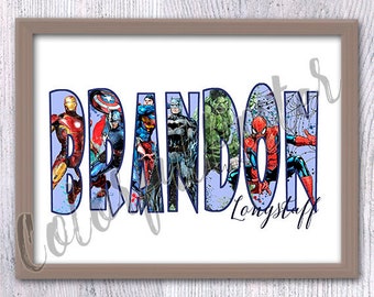 Personalized Superhero Print, Marvel DC Comics Name Wall Art, Boy ...