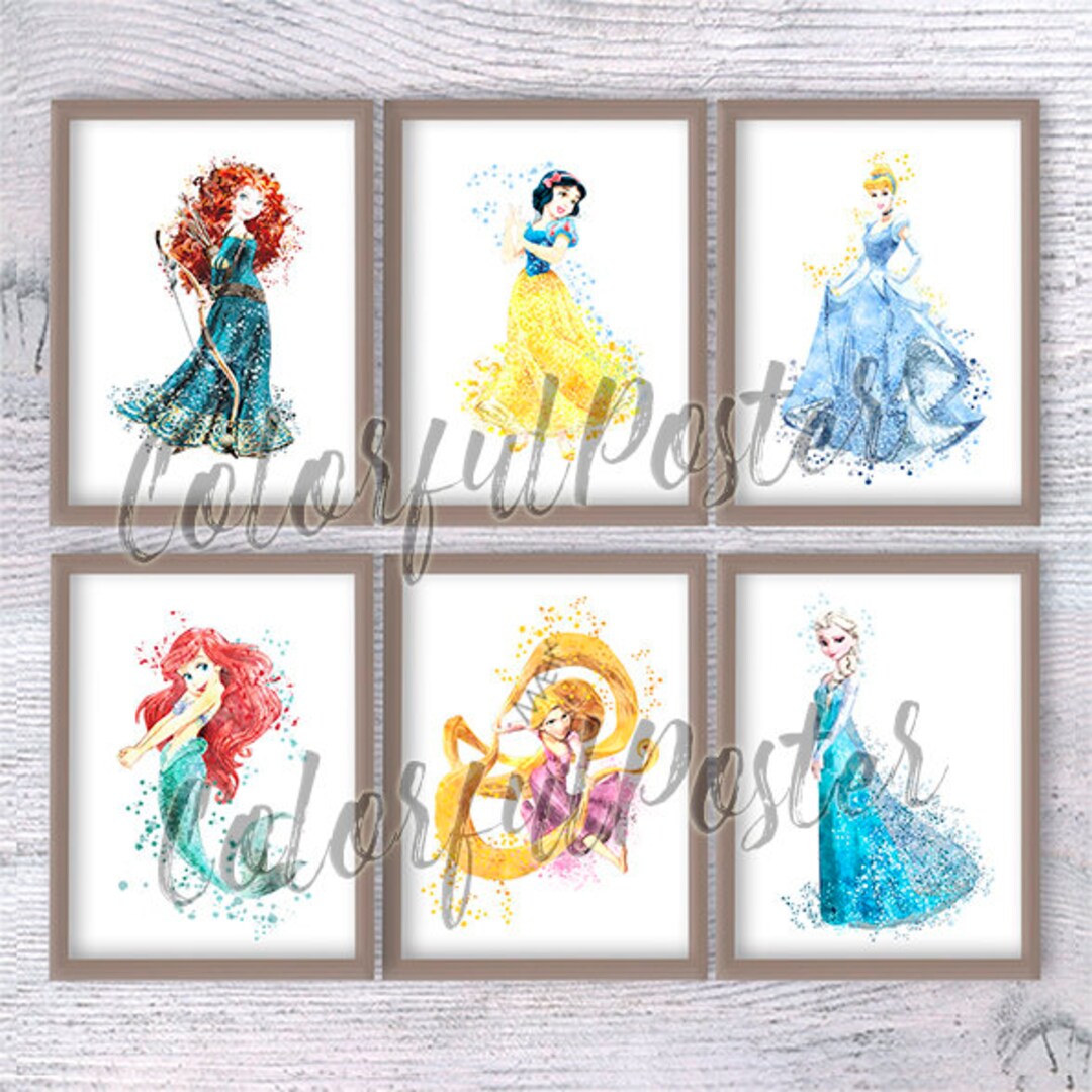 Princess Print Set of 6 Disney Princess Poster Wall Hanging Nursery Art ...