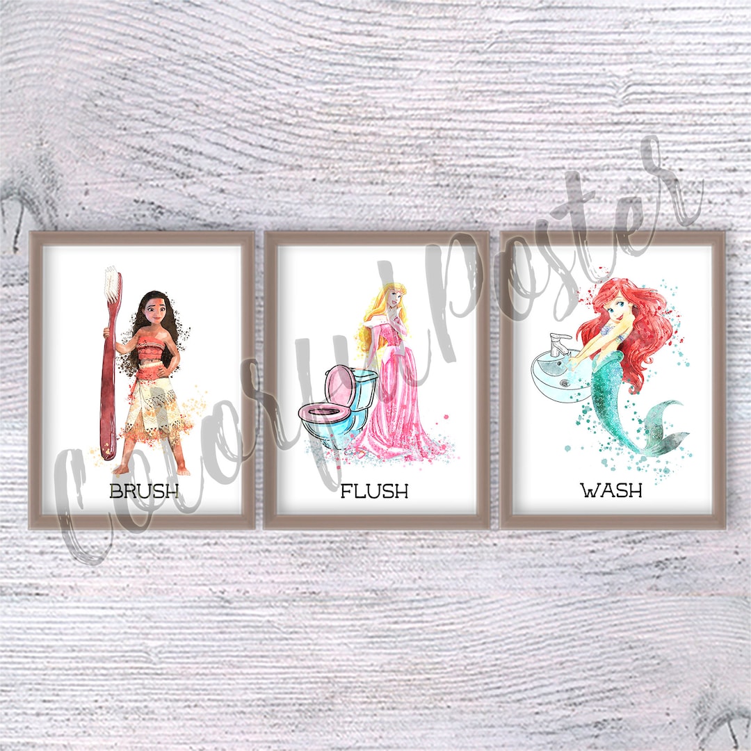 Disney Princess Bathroom Prints, Set of 3 Educational Wall Art ...