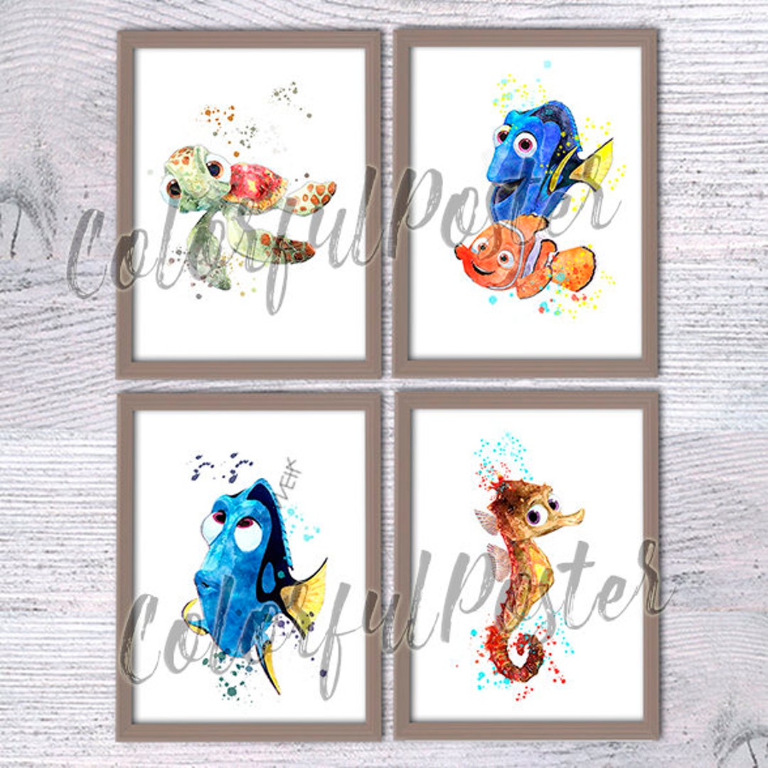 Nemo , Set of 4, Finding Nemo, Nursery Poster, Turtle Squirt, Sea Horse ...