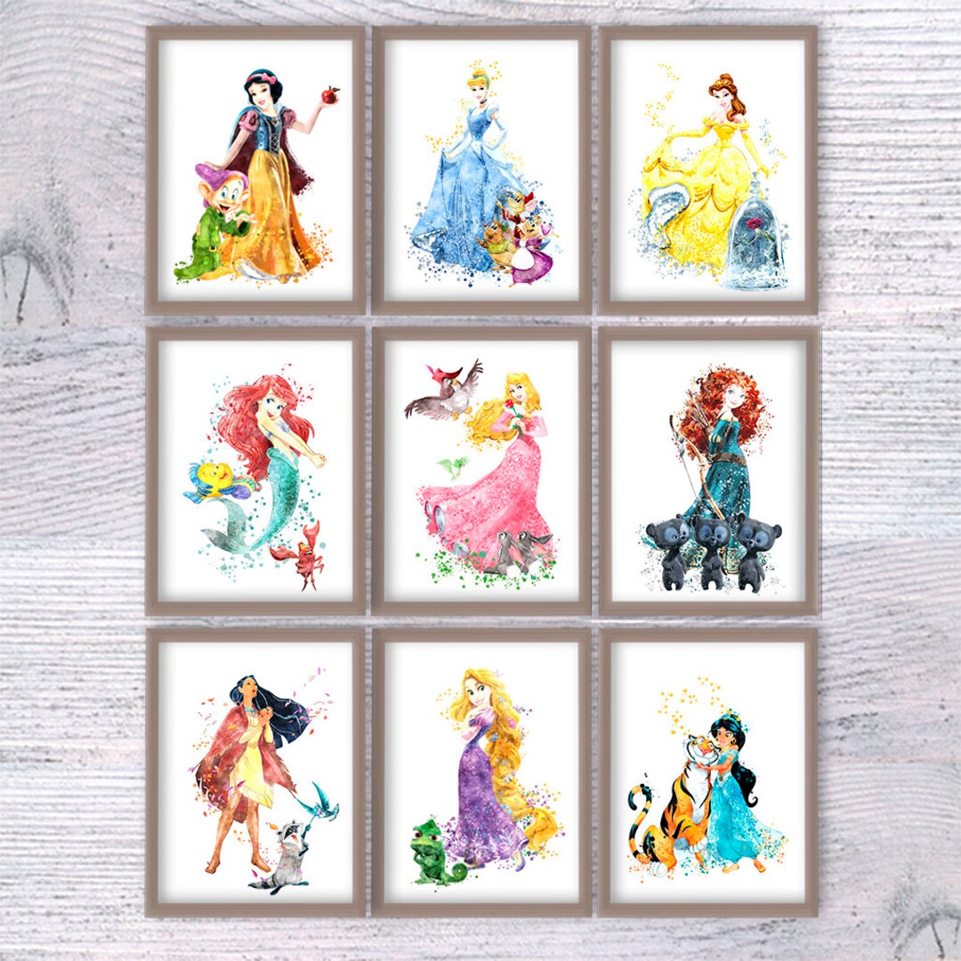 Princess With Pets Art Print, Set of 9, Disney Princess Posters ...
