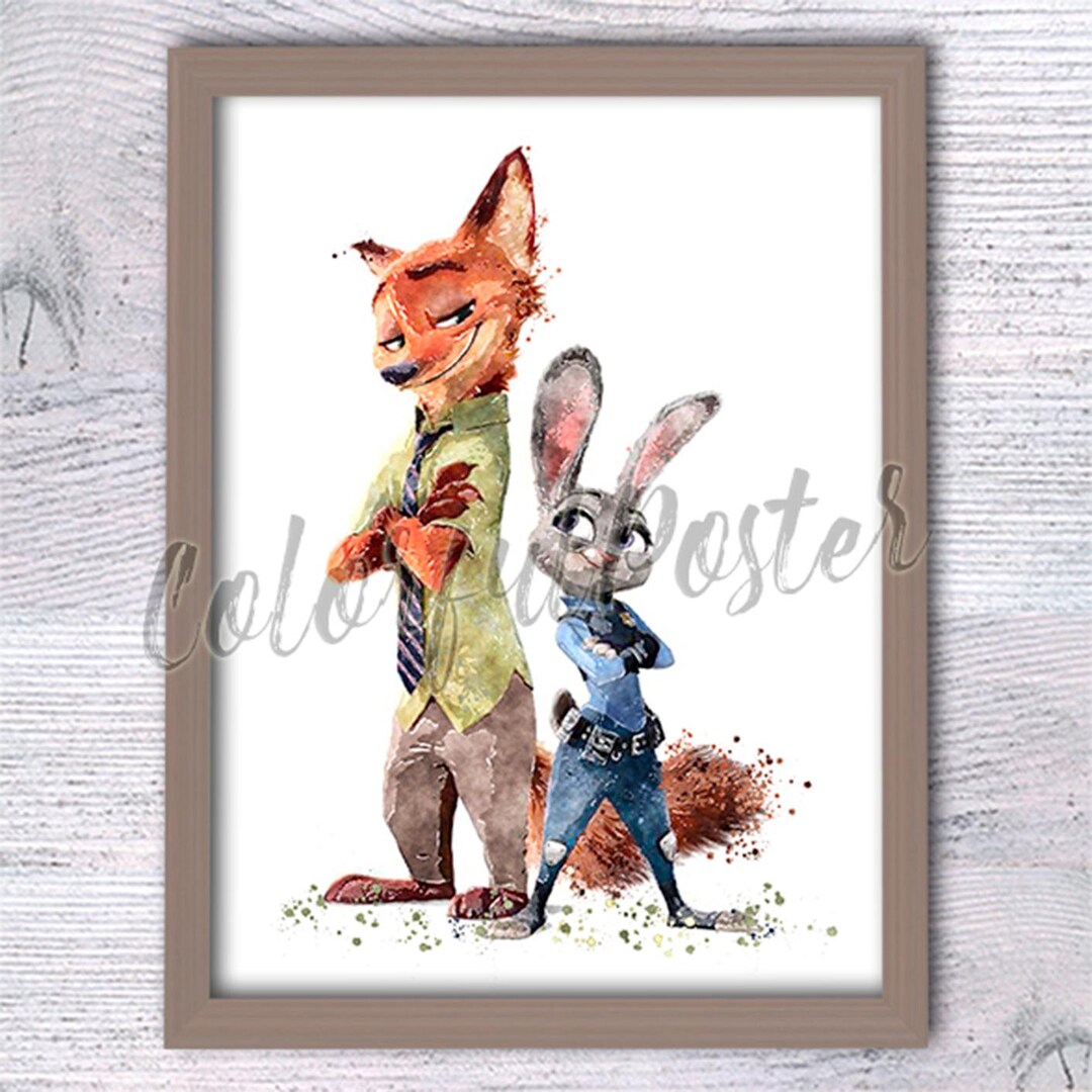 Zootopia Watercolor Print: Nick and Judy, Kids Room Decor V381 - Etsy