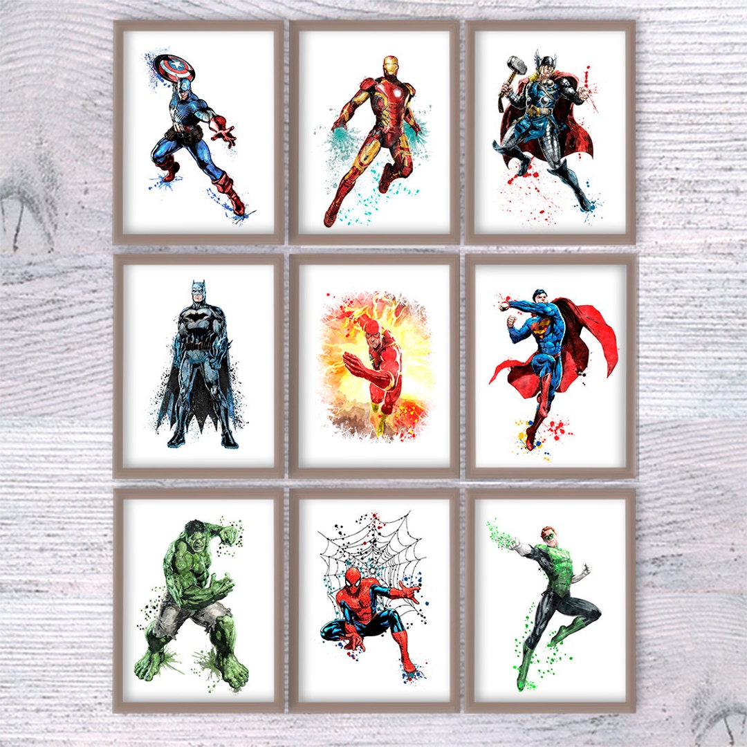 Superhero Poster Set of 9 Super Hero Print Marvel Rivals Kids Room Art ...