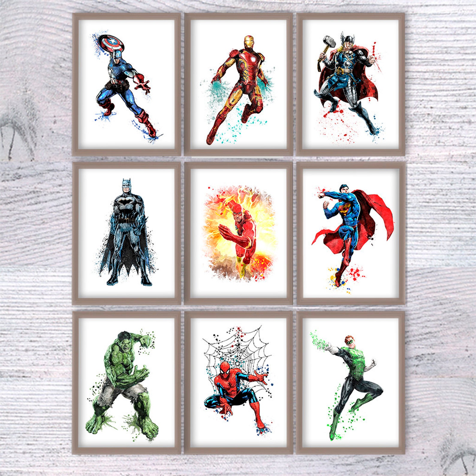 Superhero Poster Set of 9 Super Hero Print Superhero Wall Decor Kids ...