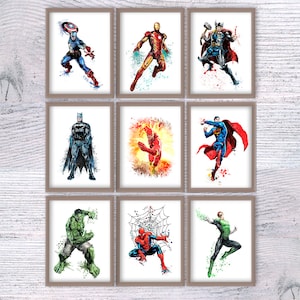 Superhero Poster Set of 9 Super Hero Print Marvel Rivals Kids Room Art ...