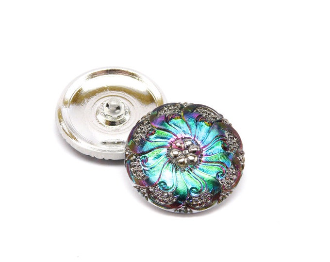 1pc Czech Hand Made Art Glass Button Round 27mm Crystal Silver Floral ...