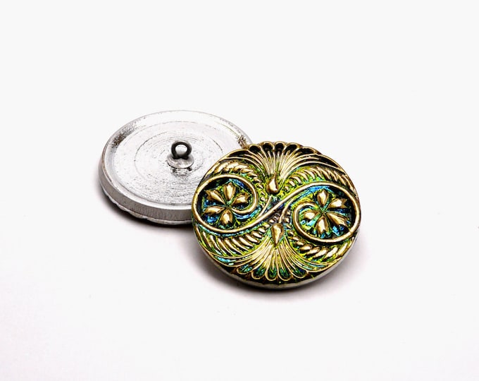 1pc Czech Hand Made Art Glass Button Round 33mm Crystal Gold Floral ...