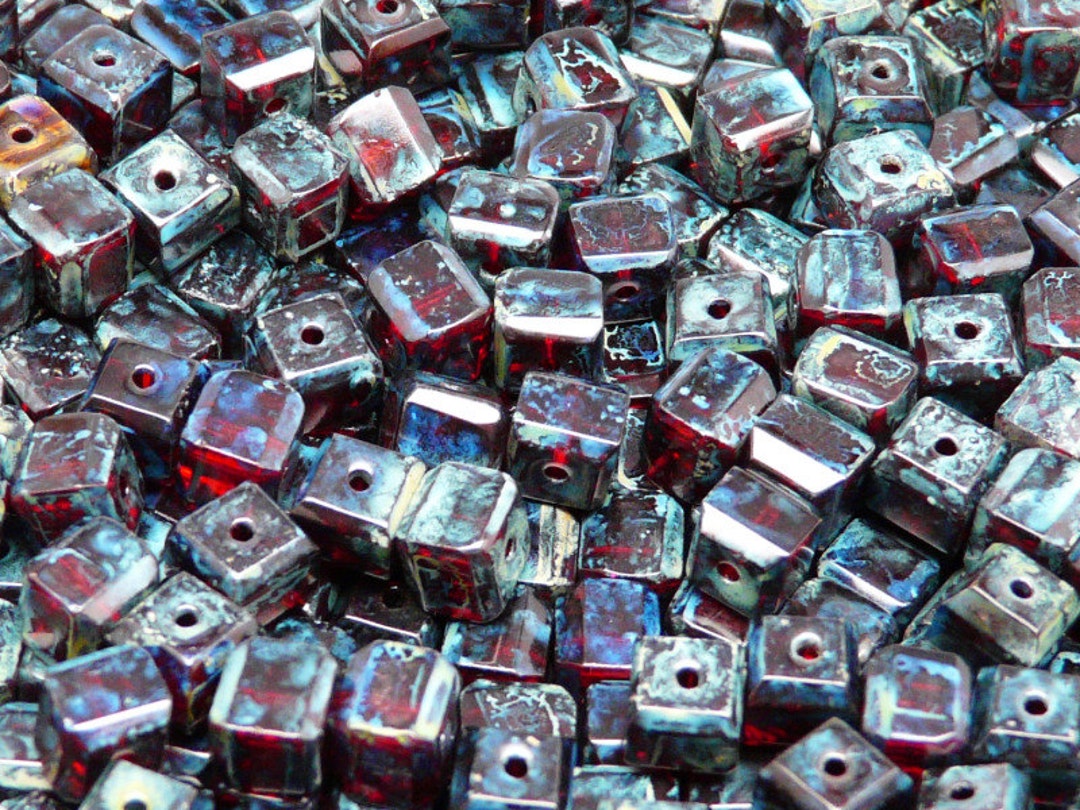 10pcs Czech Fire-polished Faceted Glass Cube Beads 6mm Ruby Travertine ...