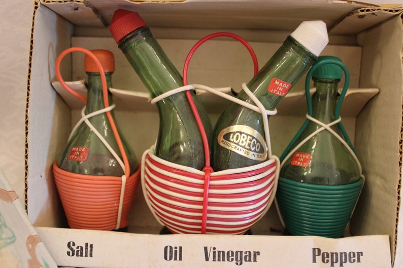 Vintage Lobeco Italian Glass Oil Vinegar Salt and Pepper Serving Set ...