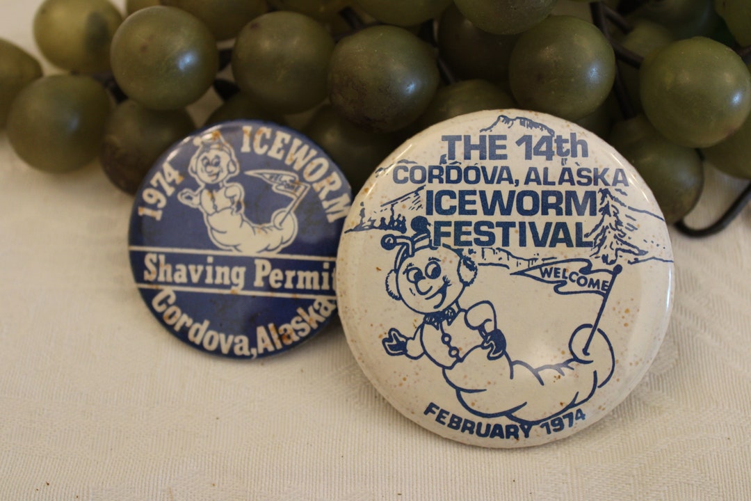 Vintage 1974 ICEWORM Festival Pin Badges - Shaving Permit and Welcome ...