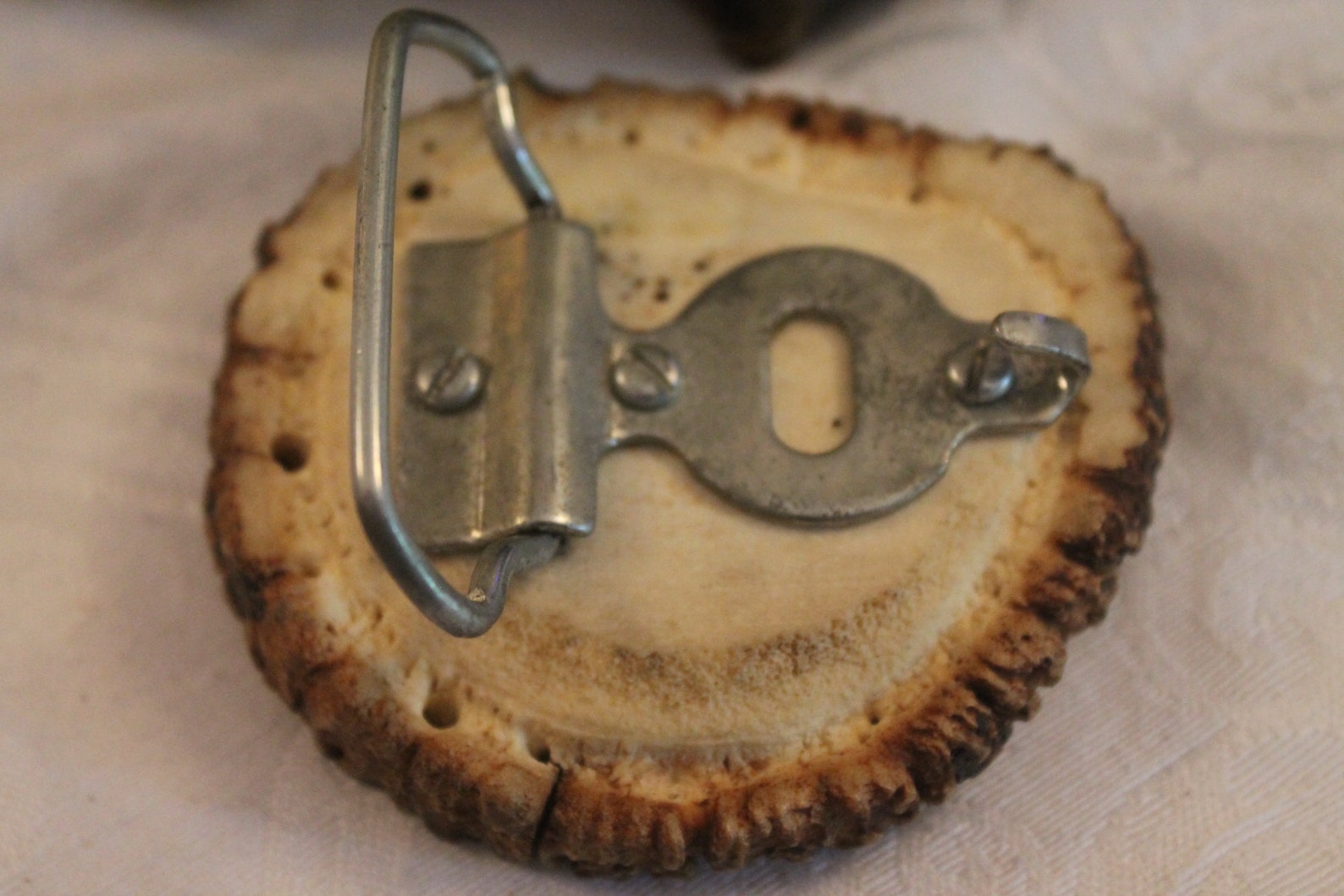 Hand Carved Elk Antler Belt Buckle - Inset Leather Background With ...