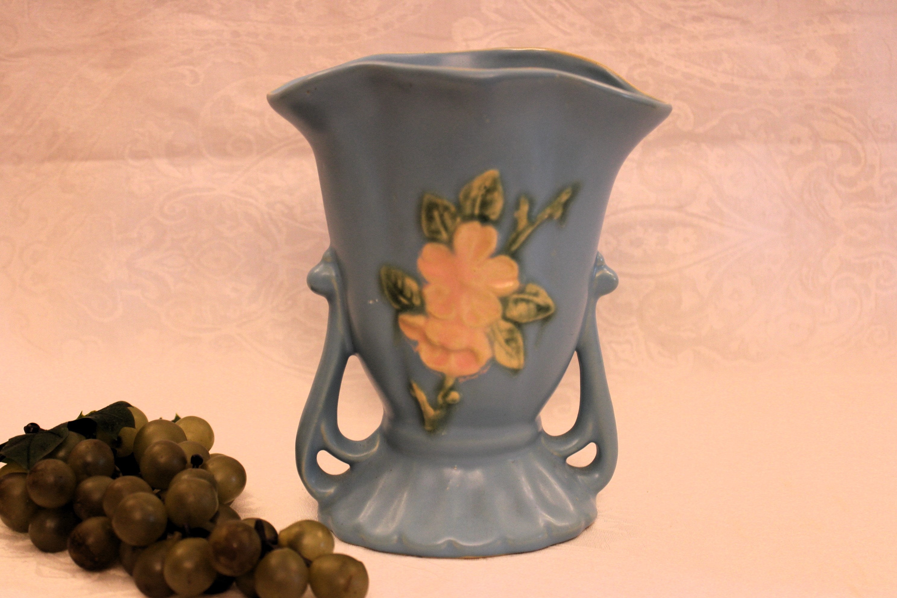 Antique Weller Pottery Cameo Vase - Pastel Blue With Pink Flowers and ...
