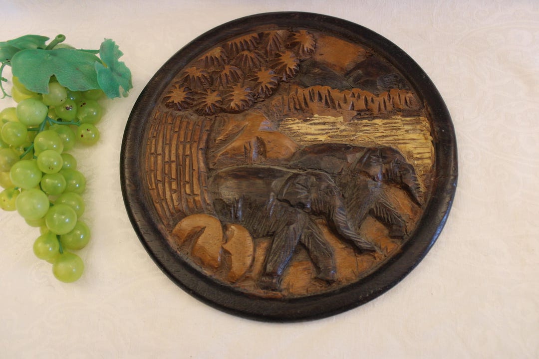 Vintage Hand Carved Wooden Round Disc - Asian Elephants in the Jungle ...