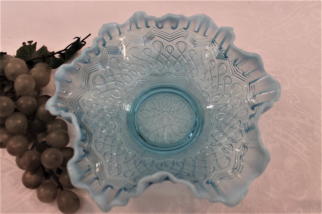 Antique Jefferson Glass Blue Opalescent 8.25" Ruffled Bowl - Many Loops ...