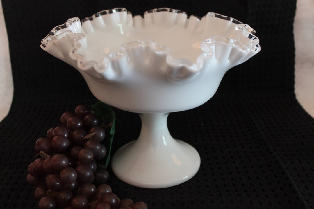 Fenton Art Glass Silver Crest 8" Pedestal Ruffled Flared Bowl - White ...
