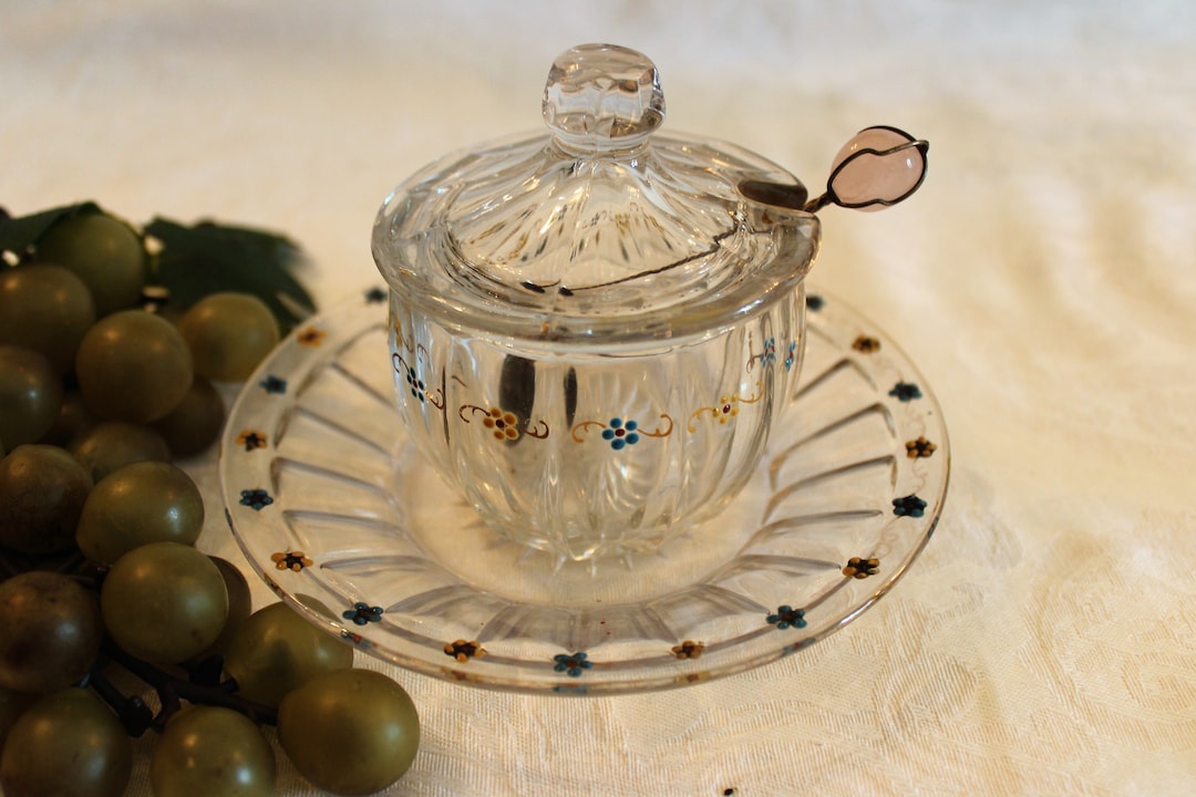 Heisey Glass Enamel Painted Mustard Jar With Underplate - Narrow Flute ...