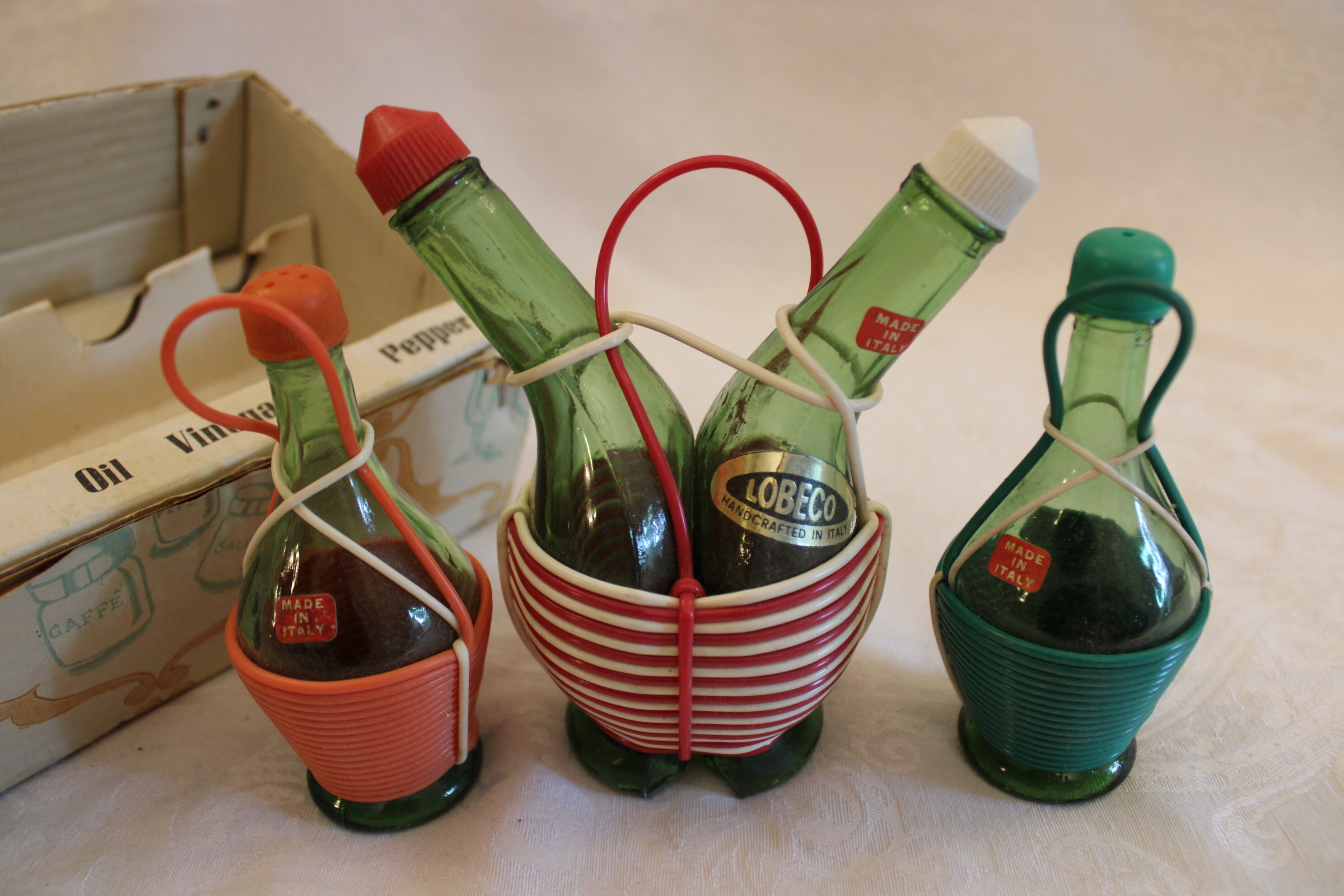 Vintage Lobeco Italian Glass Oil Vinegar Salt and Pepper Serving Set ...