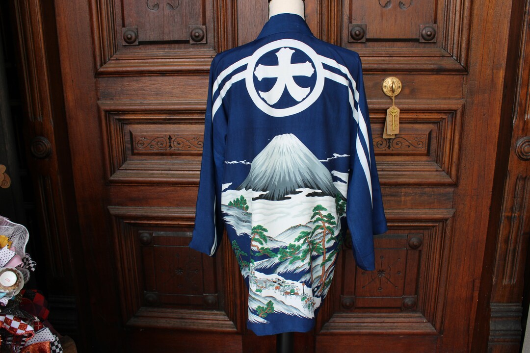 Vintage Japanese Happi Coat - Navy Blue With Scenery, Festival Kimono ...