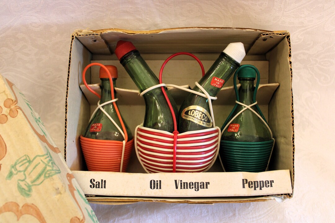 Vintage Lobeco Italian Glass Oil Vinegar Salt and Pepper Serving Set ...