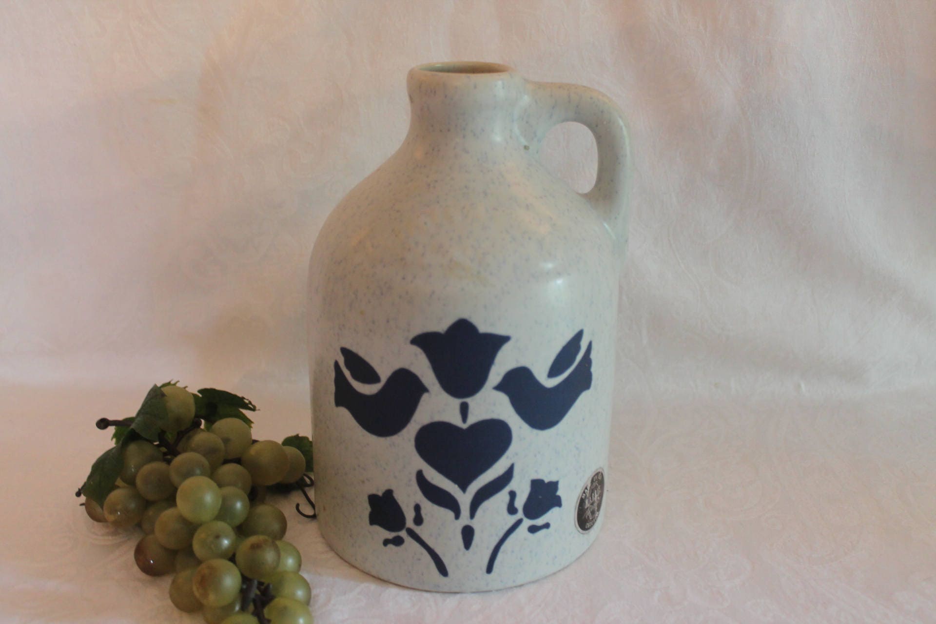 Harris Pottery 8.75" Gray and Blue Speckle Jug With Birds, Hearts, and ...