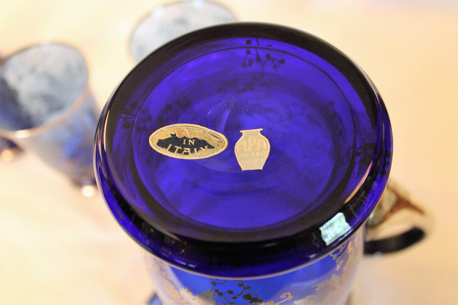 Gorgeous Italian Blue Art Glass Large Pitcher and 4 Tumblers Set With ...