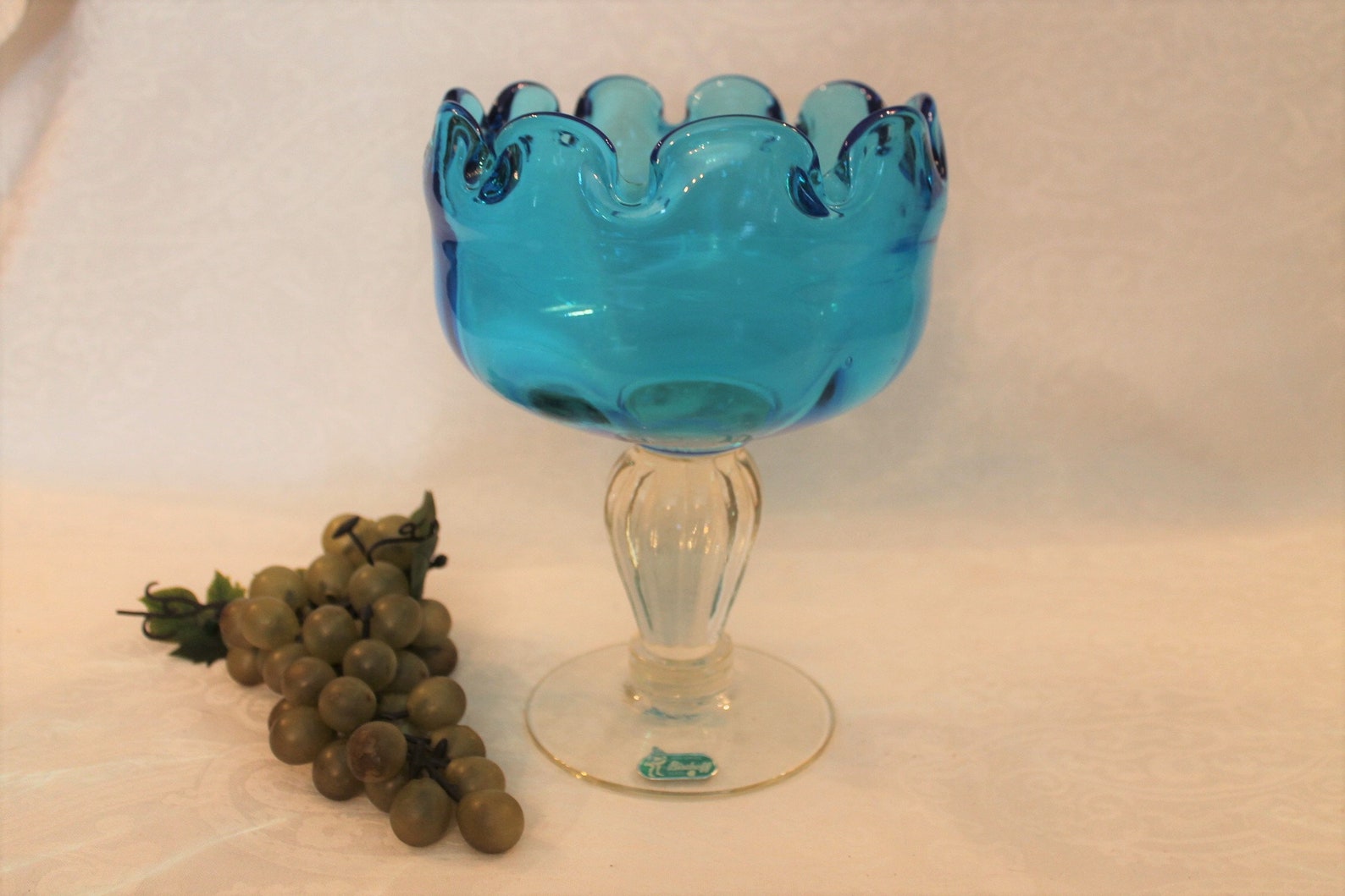 Bischoff Glass Co. 9" Pedestal Bowl Compote With Original Label - Blue ...