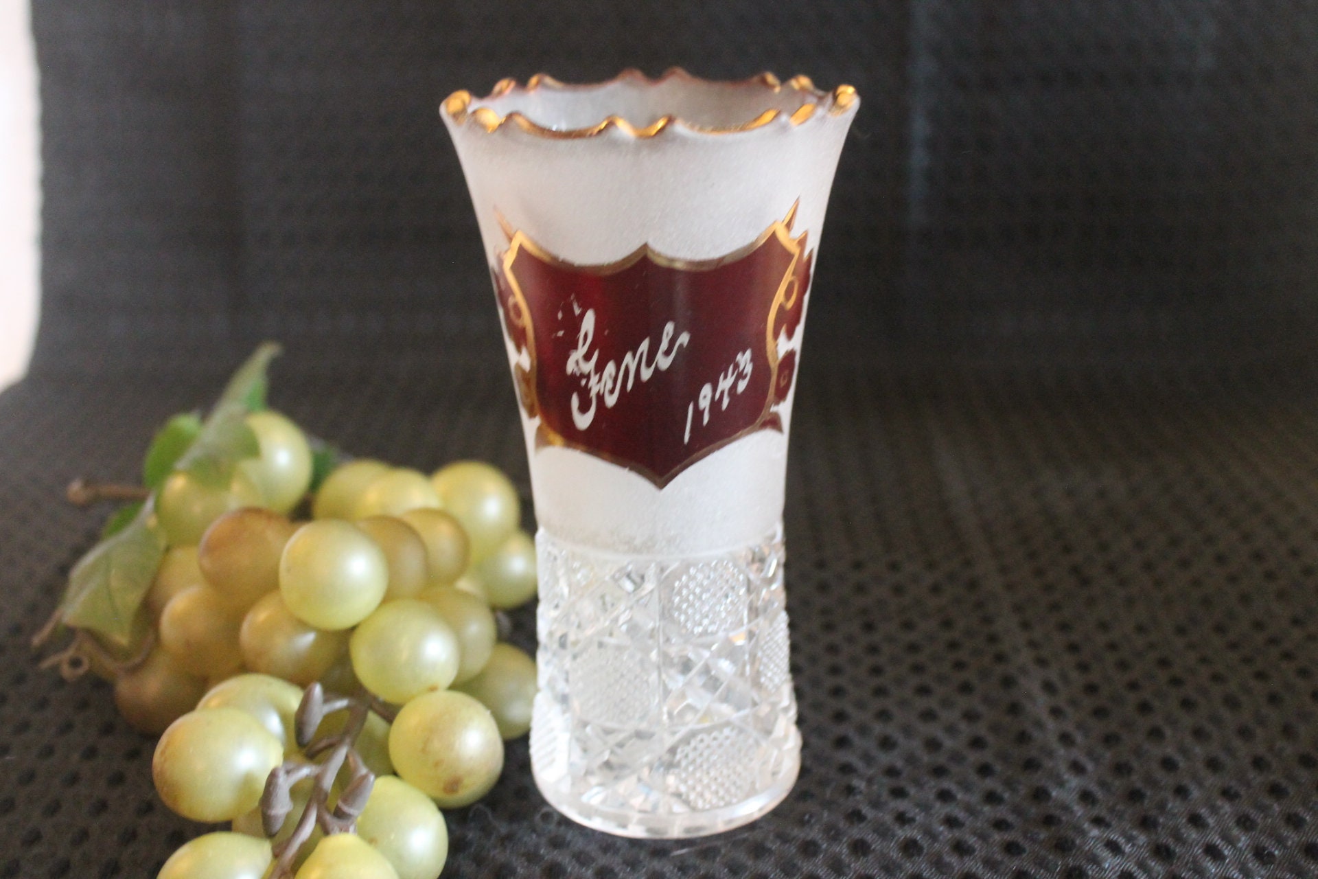 Circa 1943 "gene" Souvenir Glass Vase - Frosted Glass With Button ...