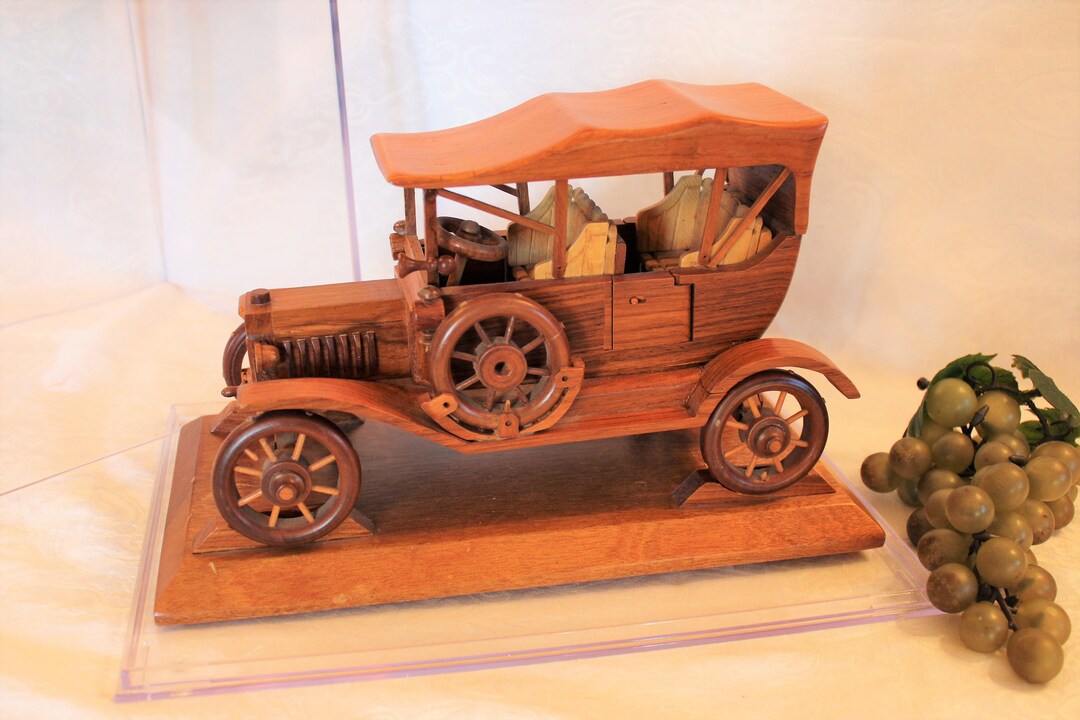 Amazing Hand Carved Wooden Model Car in Acrylic Case Folk Art Hupmobile ...