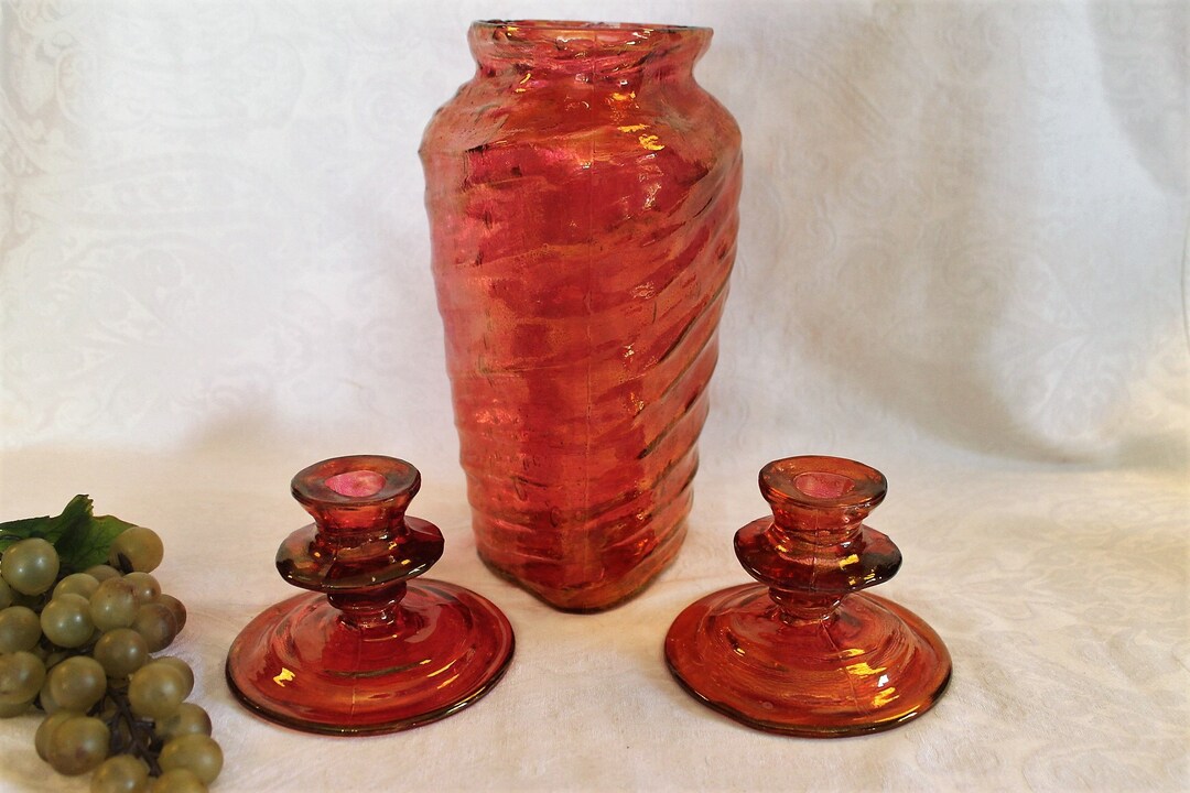 Antique Consolidated Ruby Stained Glass 10" Triangle Vase and Matching ...