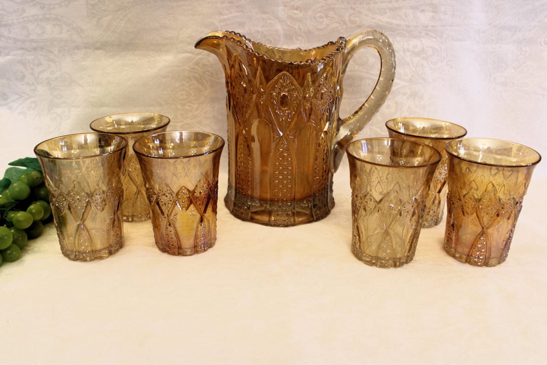 Imperial Glass Gold Carnival Pitcher and 6 Tumbler Set - Hobstar ...