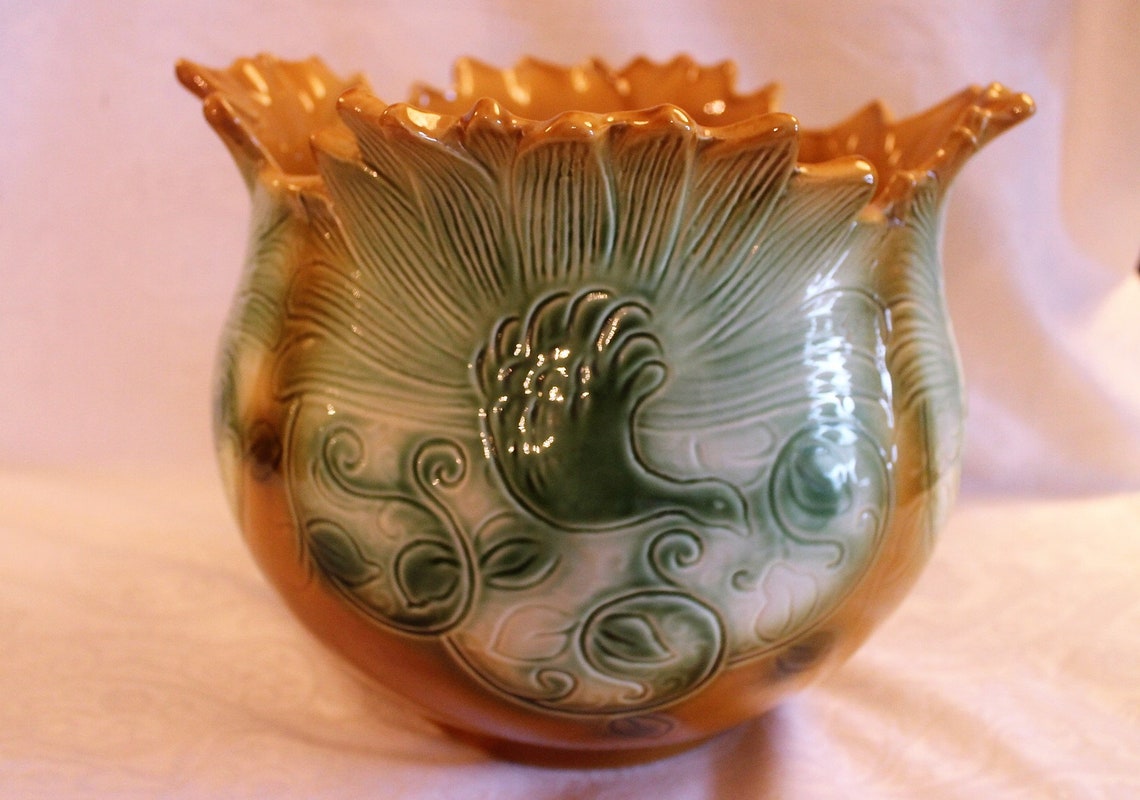 Vintage Blakeney Pottery Jardiniere on Pedestal - Peacock Design With ...