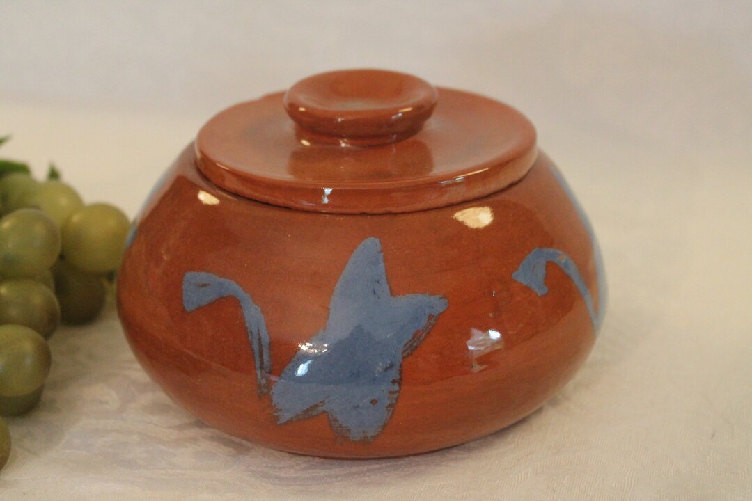 Vintage Terra Cotta Studio Art Pottery Covered Trinket Dish With Hand ...