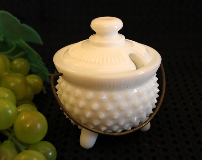 Fenton White Milk Glass Hobnail Witch Cauldron Mustard Kettle or Pot ...