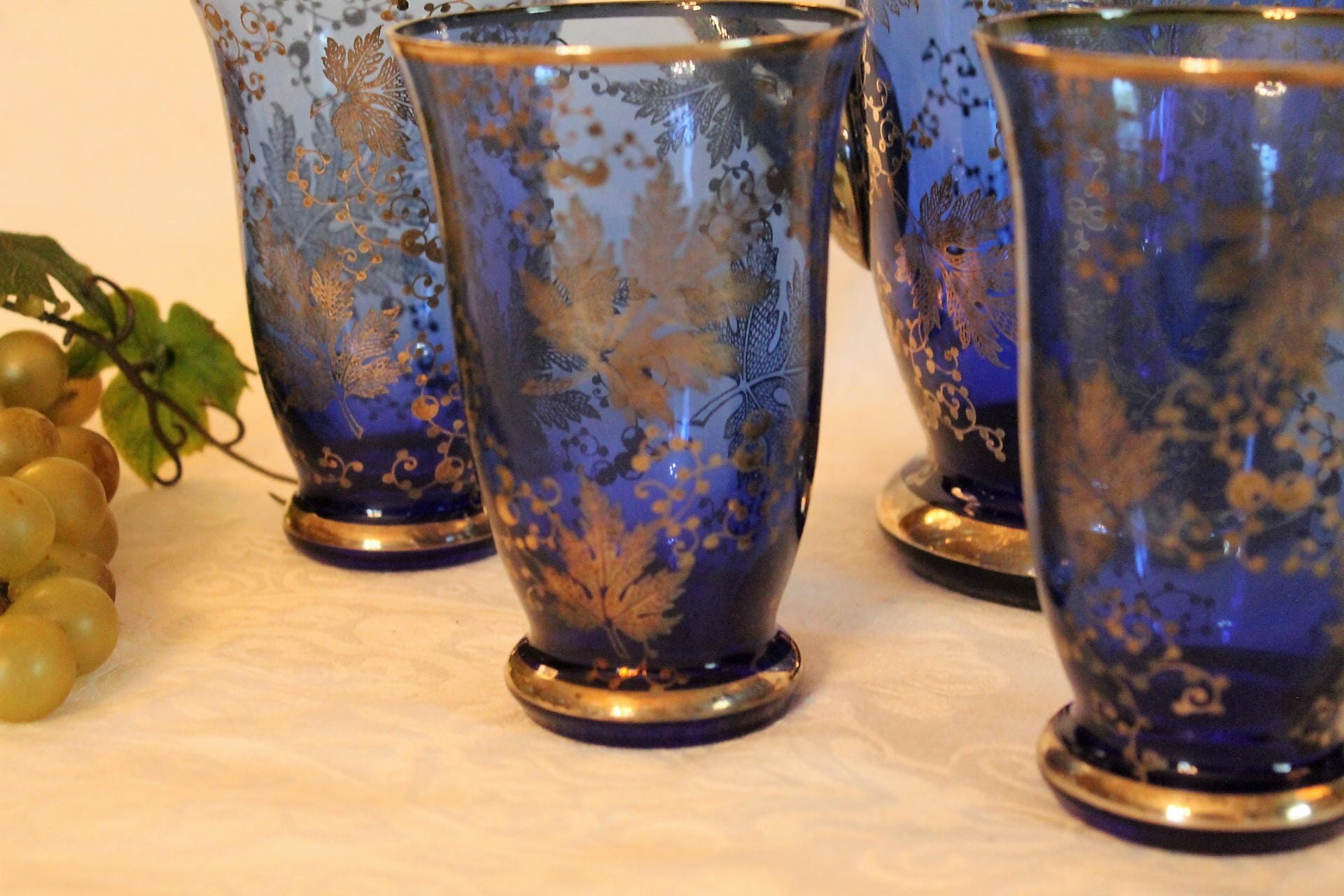 Gorgeous Italian Blue Art Glass Large Pitcher and 4 Tumblers Set With ...