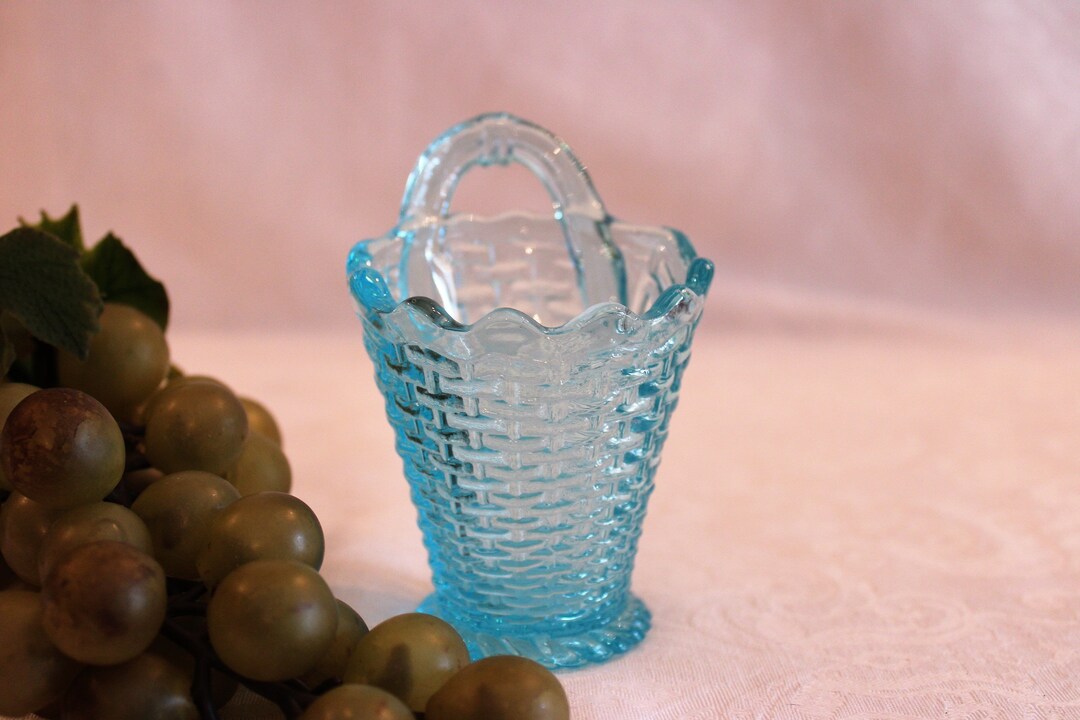 Vintage Aqua Blue Glass Toothpick Holder - Basket With Single Handle ...