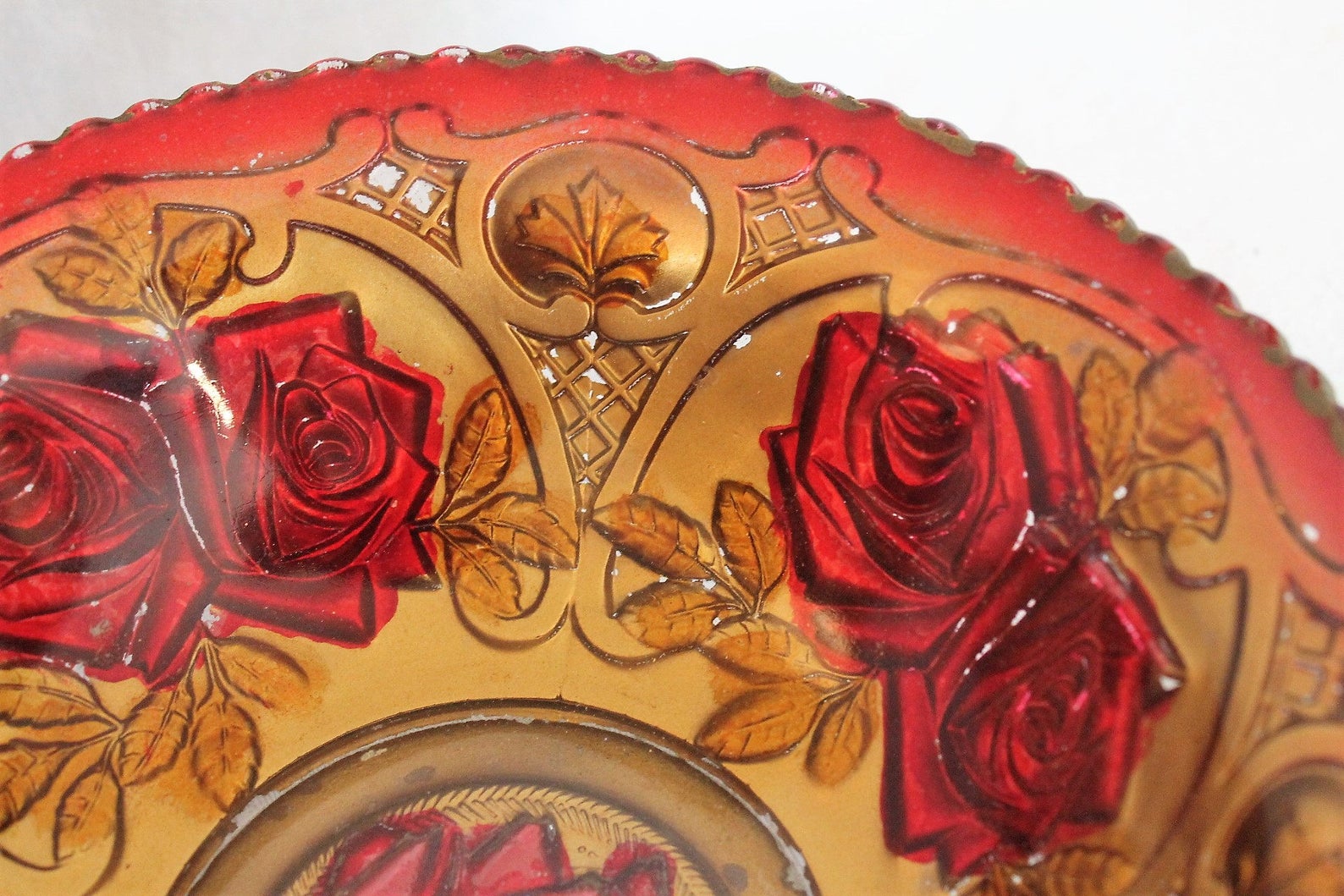 Goofus Glass 9" Red and Gold Bowl - Roses in the Snow Pattern - Etsy