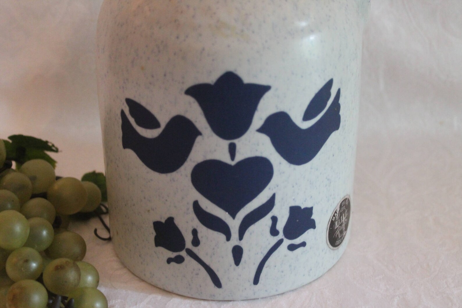 Harris Pottery 8.75" Gray and Blue Speckle Jug With Birds, Hearts, and ...