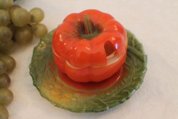 Vintage Tomato Shaped Milk Glass Jam or Jelly Jar with Tomato Plate in ...