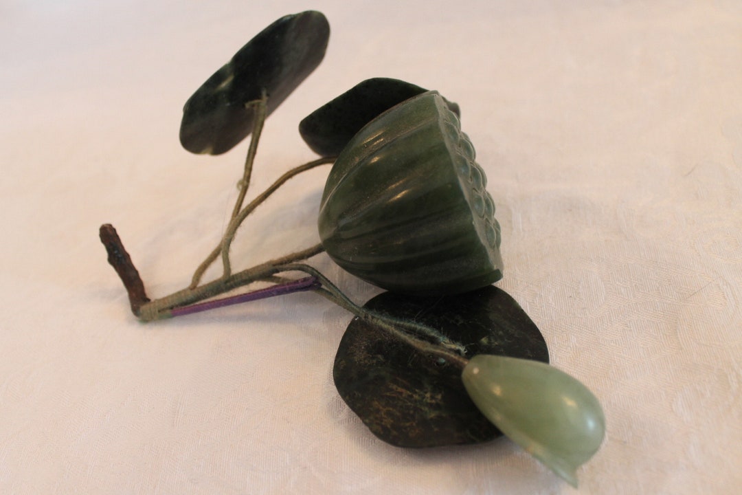 Vintage Carved Jade Lotus Blossom With Wired Flower Bud and Lily Pads ...
