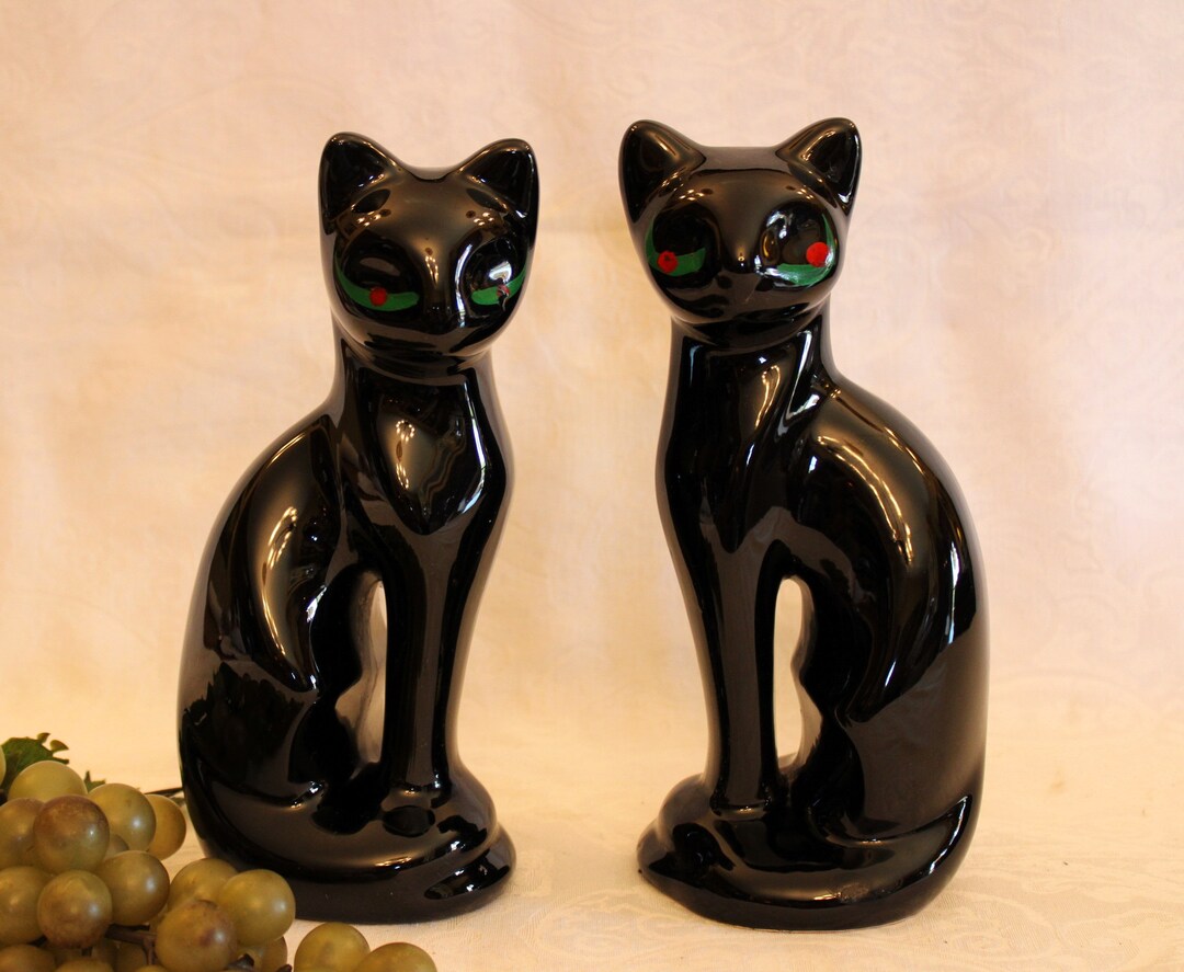 Pair of Mid Century Black Ceramic Cats - Siamese Styling With Red/green ...